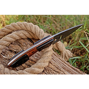 TMBrands Damascus Hunting Knife, Fixed Blade Knife & Camping Knife with Rose Wood & Buffalo Horn Handle & Knife Sheath