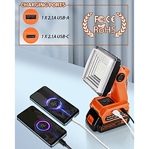 Cordless LED Work Light for Black and Decker 20v Battery, 25W LED Floodlight with USB-A&USB-C 2.1A Fast Charging Ports for Jobsite, Car Repairing, Camping, Emergency(Battery not Included)