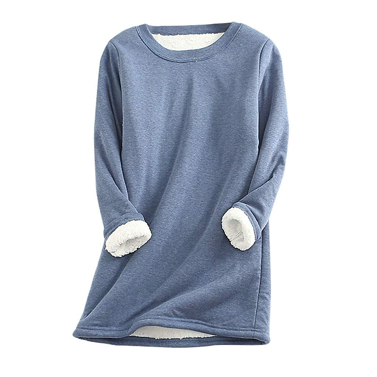 Women's Winter Warm Sherpa Lined Fleece Crewneck Sweatshirt Plus Size Pullover Fuzzy Loungewear Solid Tunic Tops A-Blue