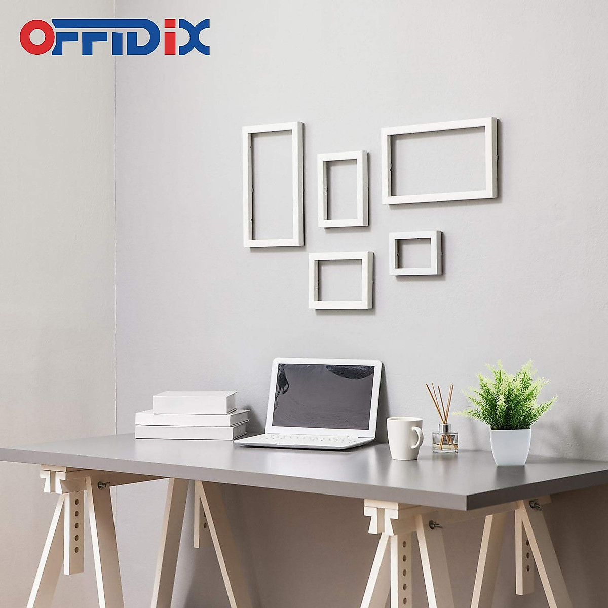 OFFIDIX Plastic Fake Green Plant, Faux House Plants Desk Plant Artificial Plants with White Square Vase for Farmhouse,Home,Garden,Office,Patio,Wedding and Indoor Outdoor Decoration 1pc