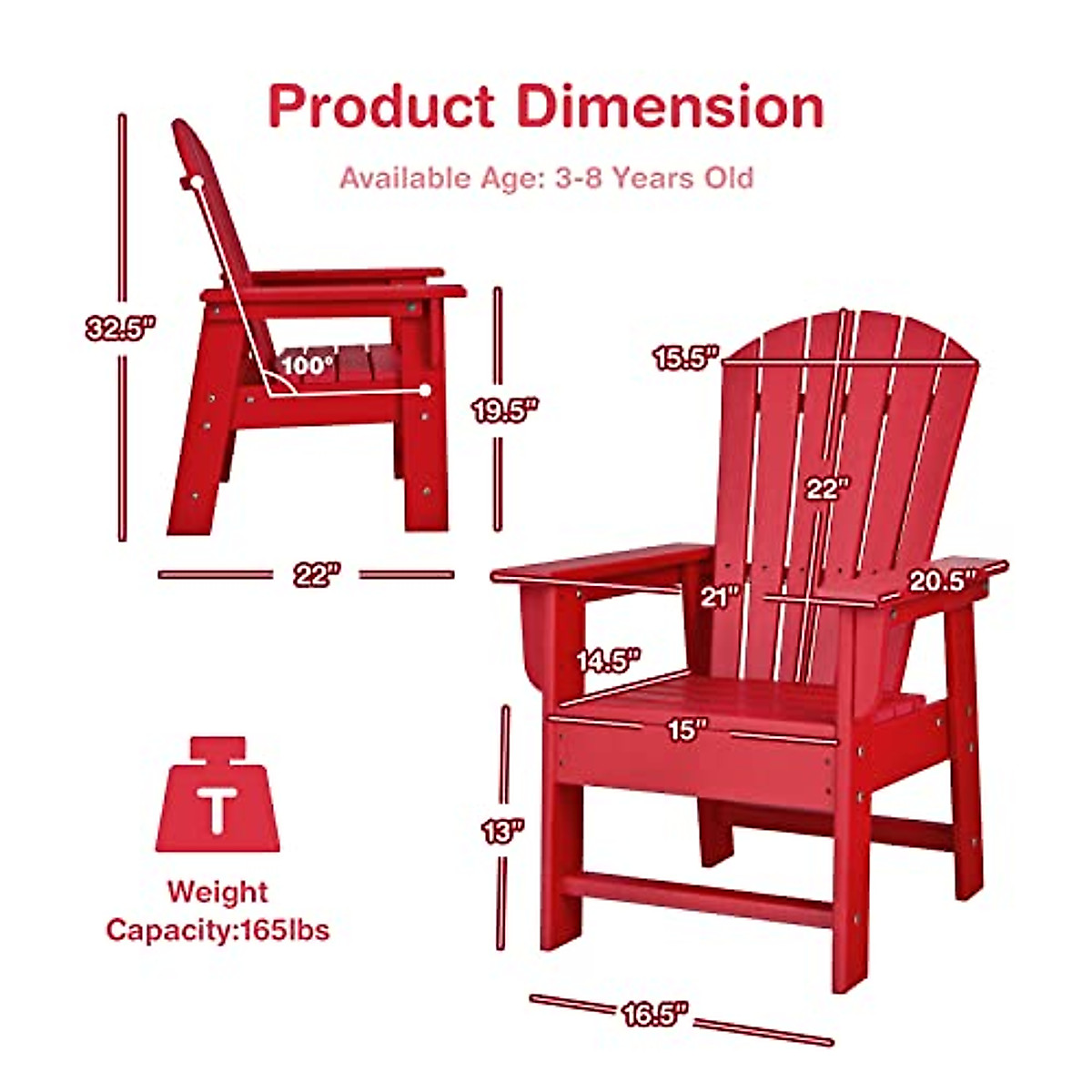 Giantex Adirondack Chair, Kids HDPE Patio Chair Lawn Chair with Ergonomic Backrest for Deck, Porch, Backyard, Poolside, Indoor, Weather Resistance Toddler Outdoor Chair (1, Red)