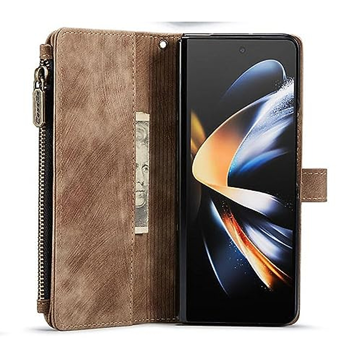 BybAgs Wallet Case for Samsung Galaxy Z Fold 4 3 Hand Strap Premium PU Leather Phone Case Card Slots Magnetic Zipper Pocket Stand Cover,Brown,for Samsung Z Fold 3