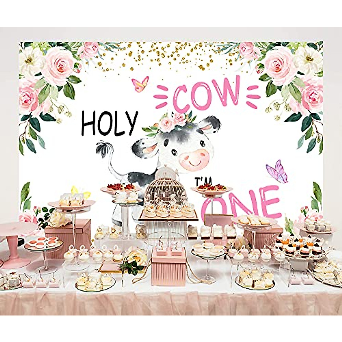 Ticuenicoa 5x3ft Holy Cow I'm One 1st Birthday Backdrop for Girls Baby Shower Photography Background Pink and Gold Floral Animals Bday Backdrops for Party Newborn Kids Supplies Photobooth Props…