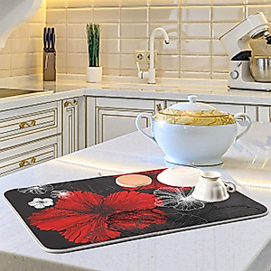 Red Black Poppy Floral 16X 18 Inch Dish Drying Mat,Absorbent,Microfiber,Machine Washable Dishes Drainer/Rack for Countertop Fast Drying, Heat-resistant and ECO Friendly,16X18 Inch
