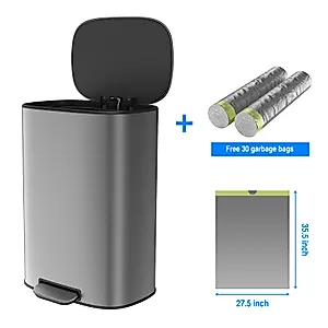 Pouseayar 13 Gallon Stainless Steel Trash Can, Silver Gray, 12.2"L x 17.7"W x 24.8"H