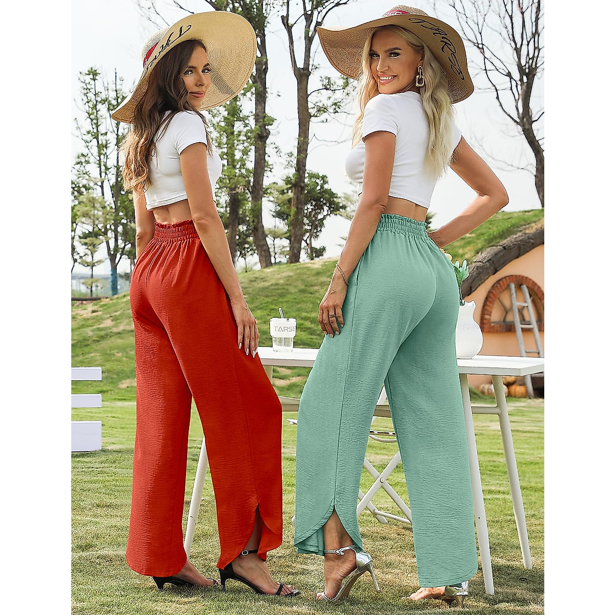 TARSE Dress Pants Women High Waisted Wide Leg Lounge Pants Plus Size Pants Curved Split Leg Pants Teacher Outfits with Pockets?LightGreen,XL?