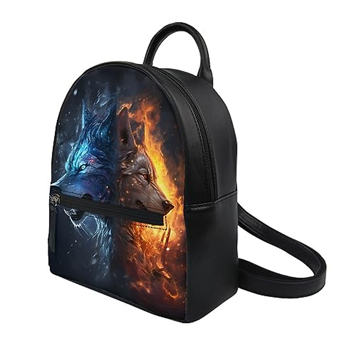 JooMeryer Wolf Fox Printed Mini Backpack Purse for Mens Boys Kids Teens Small Shoulder Bags Daypack School Bag Handbag,Fire Ice Wolf