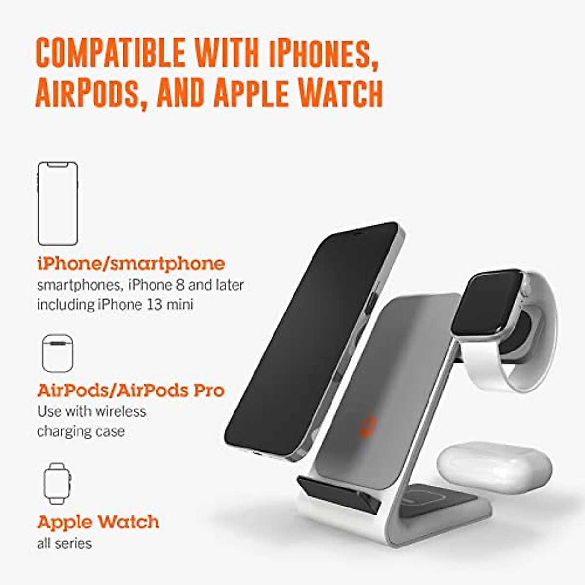 STM ChargeTree Swing - 3-in-1 Wireless Charging Station for iPhone/Samsung/Android (15W/7.5W), AirPods (5W), Apple Watch (3W) - Qi Certified Charging Stand - White (stm-931-323Z-01)