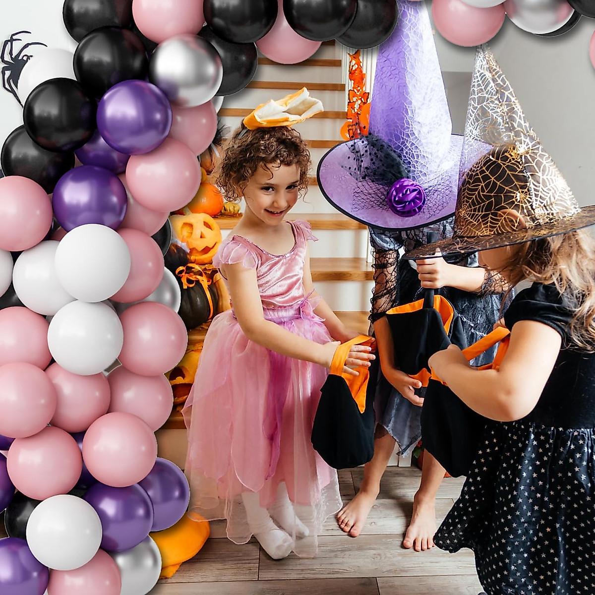 OuMuaMua Halloween Balloons Decorations, 60Pcs 12Inch Pink Black and White Balloons Metallic Purple Silver Latex Balloons for Kids Halloween Party Birthday Baby Shower Graduations Party Decorations