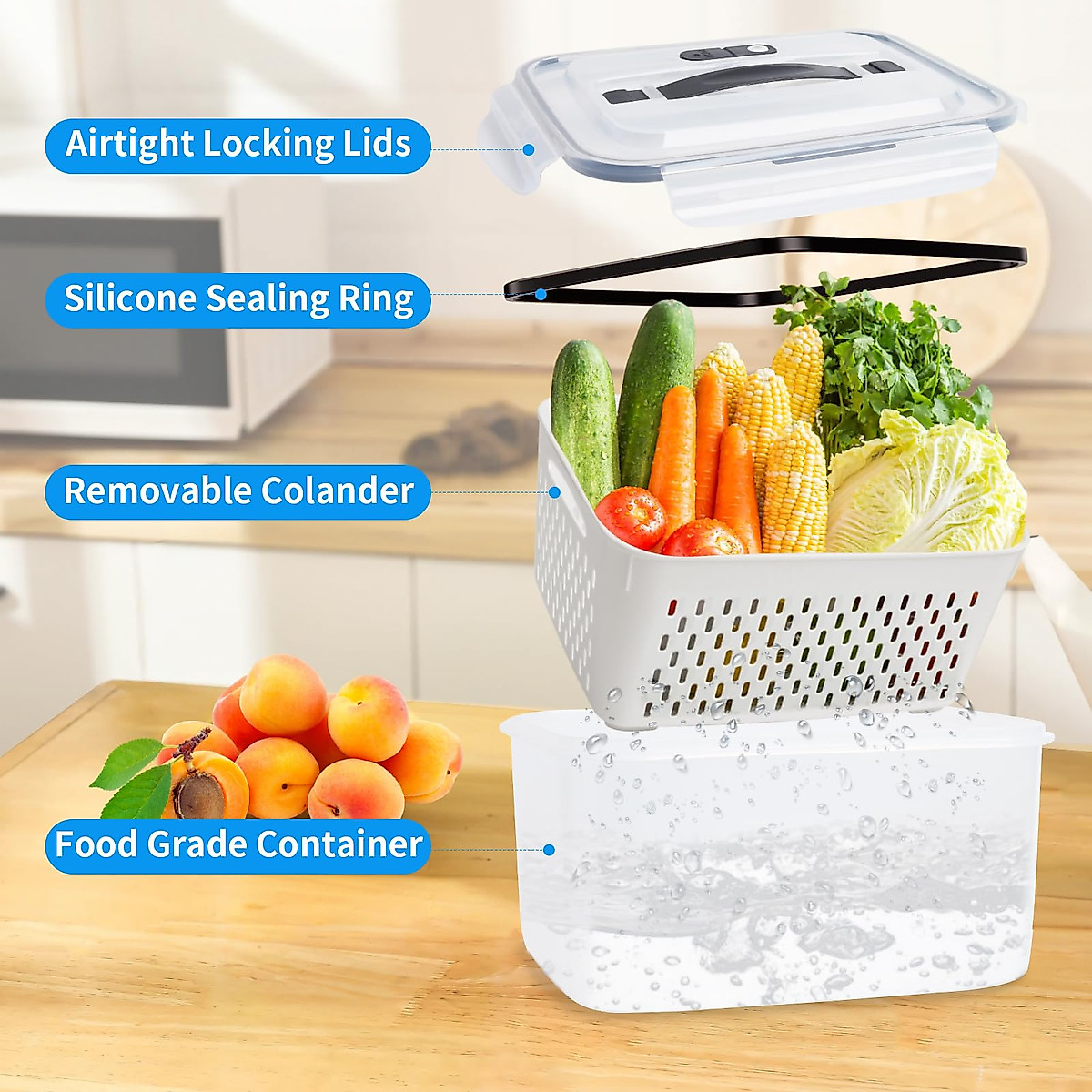 4 Pack Fruit Storage Containers for Fridge with Removable Colanders, Produce Storage Containers for Fridge, Airtight Food Storage Containers for Berry Fruit Vegetable Meat Keeper Fresh (with handle)