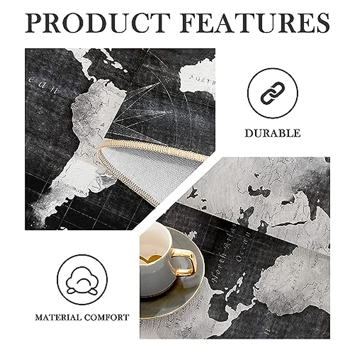 Black Area Rugs for Bedroom, Living Room, World Map Modern Abstract Non-Slip Area Rug Distressed Floor Carpet, 8 x 10 feet