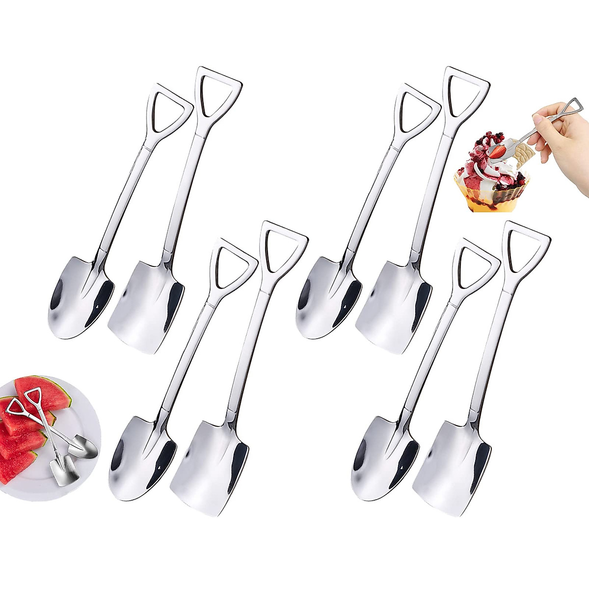 8 pcs Stainless steel shovel spoon set, including 4 sharp spoon, 4 flat spoon, creative dessert spoon, coffee spoon, ice cream fruit spoon, suitable for home, kitchen or restaurant