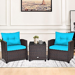 Toolsempire 3 Pieces Wicker Patio Furniture Set, Outdoor Sofa Set with Water-Resistant Cushion & Tempered Glass Table, Outdoor Conversation Set Bistro Set for Garden, Balcony, Poolside(Turquoise)