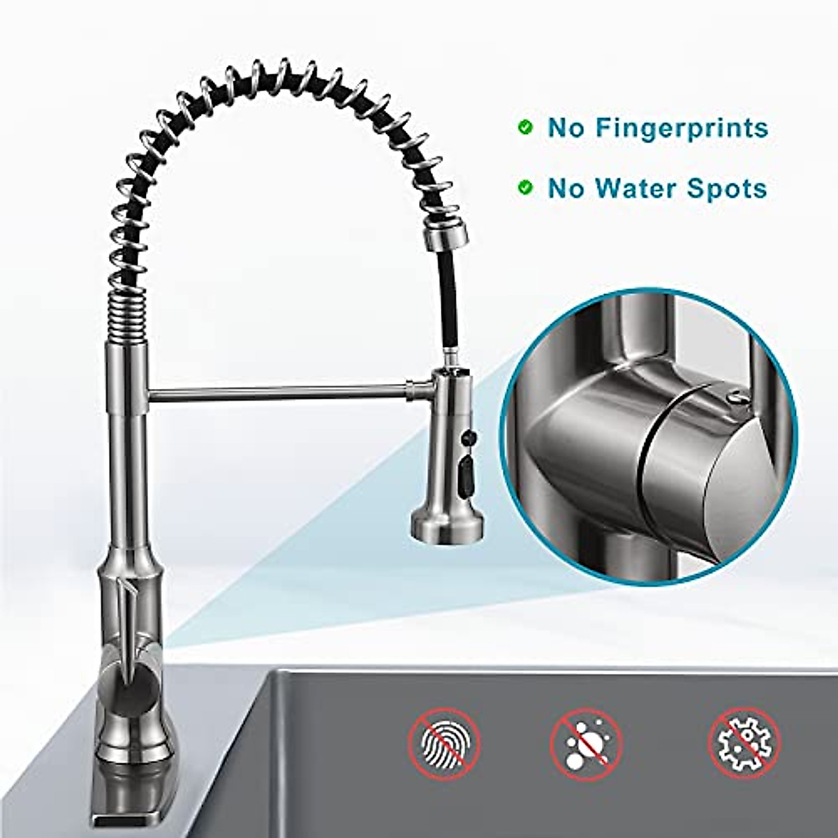Kitchen Faucet with Pull Down Sprayer Spring Brushed Nickel Commercial Single Handle Gooseneck Stainless Steel Pull Out Kitchen Sink Faucet Wasserrhythm