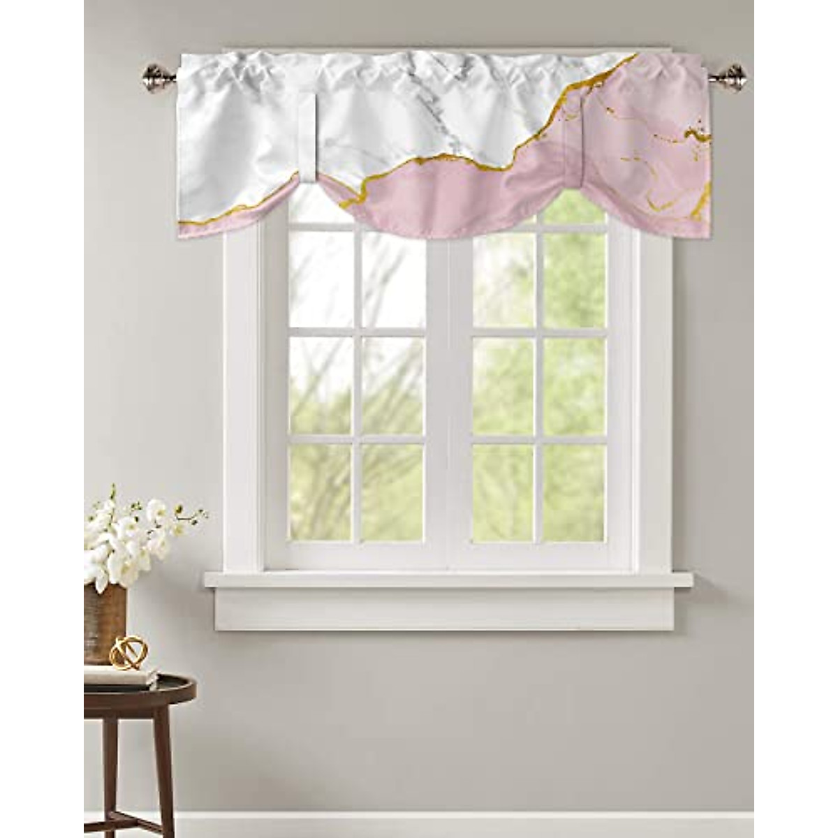 FAMILYDECOR Kitchen Valances for Windows, Elegant Adjustable Window Treatments with Tie-up, White Gold and Pink Plated Marble Window Valance Curtains for Living Room/Bedroom 60x18in