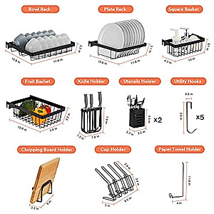 Befano Over The Sink Dish Drying Rack Adjustable (33.5-42.5" Inch), 2 Tier Large Stainless Steel Dish Drainer for Countertop, Kitchen Storage Organizer with 5 Utility Hooks and Paper Holder -Black