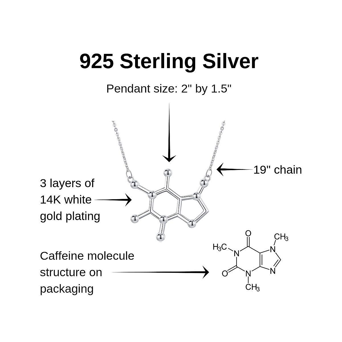 Caffeine Molecule Necklace, 925 Sterling Silver, Coffee Necklace, Coffee Lover Jewelry for Women, Coffee Gifts for Women, Coffee Lovers Gifts