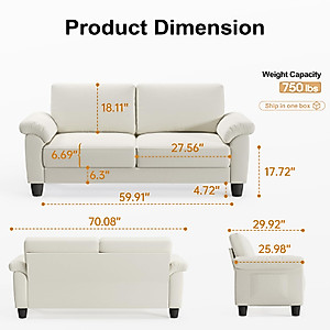 70" Living Room Couch Sofa, Mid Century Modern Loveseat with Storage Bag, Velvet Deep Couches for Small Spaces, Bedroom, Apartment, Office, Removable Sofa Cover Spring Cushions, Easy to Install, Beige