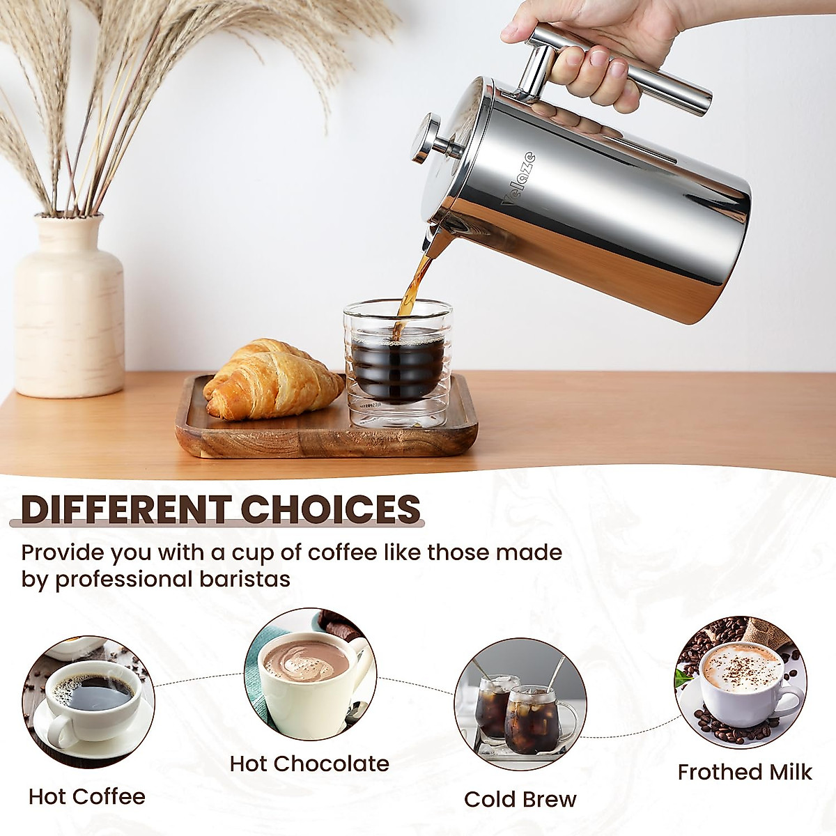 Velaze French Press Coffee Maker 34oz, Double Wall Insulated French Coffee Press Stainless Steel, 1L Coffee Maker Included 4 Extra Fliters and 1 Coffee Spoon