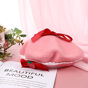 Berets Strawberry Bow Woolen Beret Hat Wool Cap Pink Handmade Fashion Warm Hat