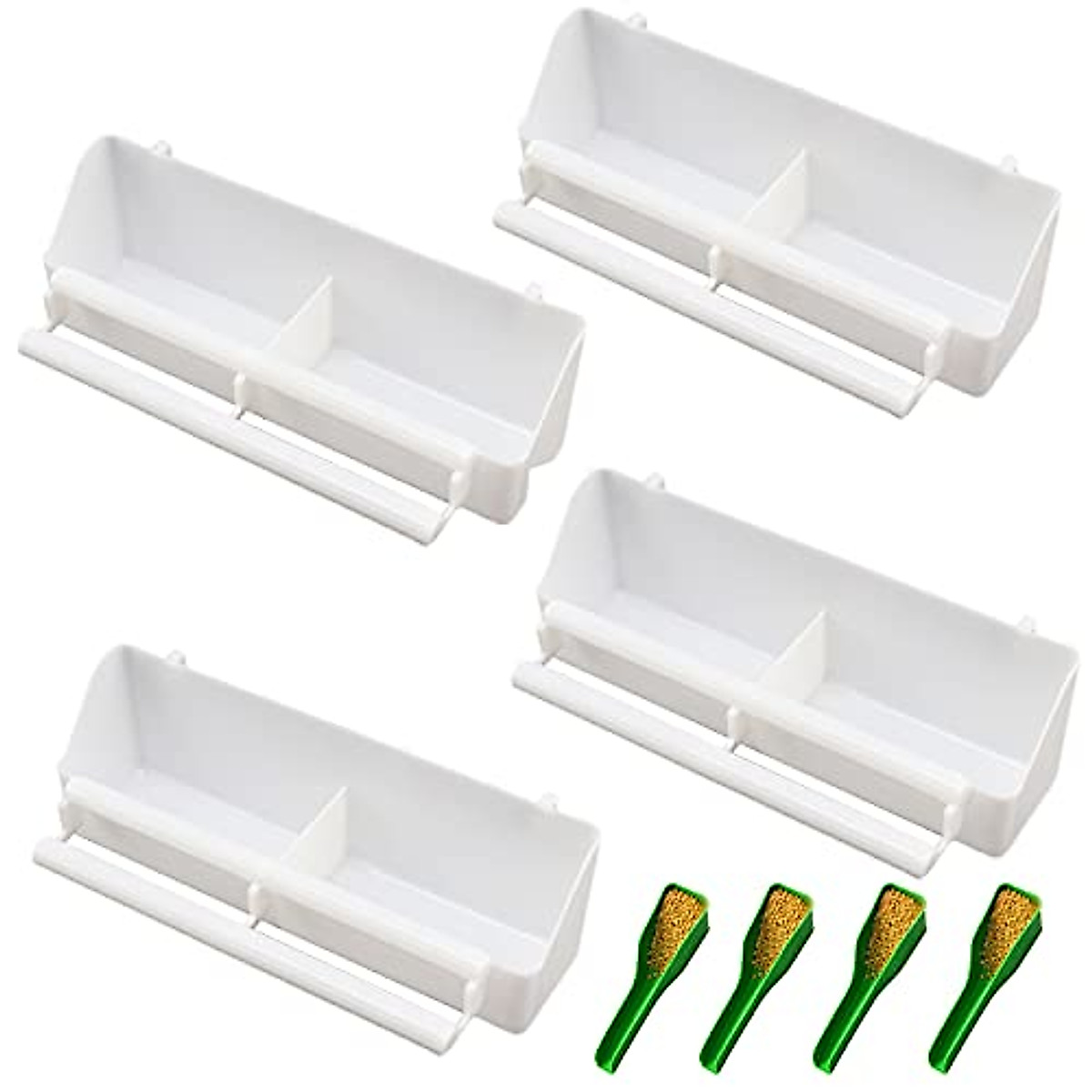 Lucky Interests 4pcs Bird Feeder, Pet Bird Food Double Plastic Seed Water Feeder Dispenser Standing Frame Plastic Food Feeder Cup for Parrots Cockatiel Pigeon Sparrow Bird Cage Bowl with 4 Bird Spoons
