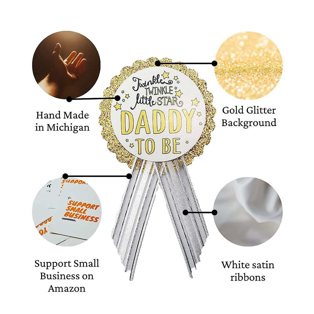 Mommy to Be & Daddy to Be Pin Twinkle Little Star Baby Shower Pin for parents to wear, White & Gold, It's a Girl, It's a Boy Baby Sprinkle