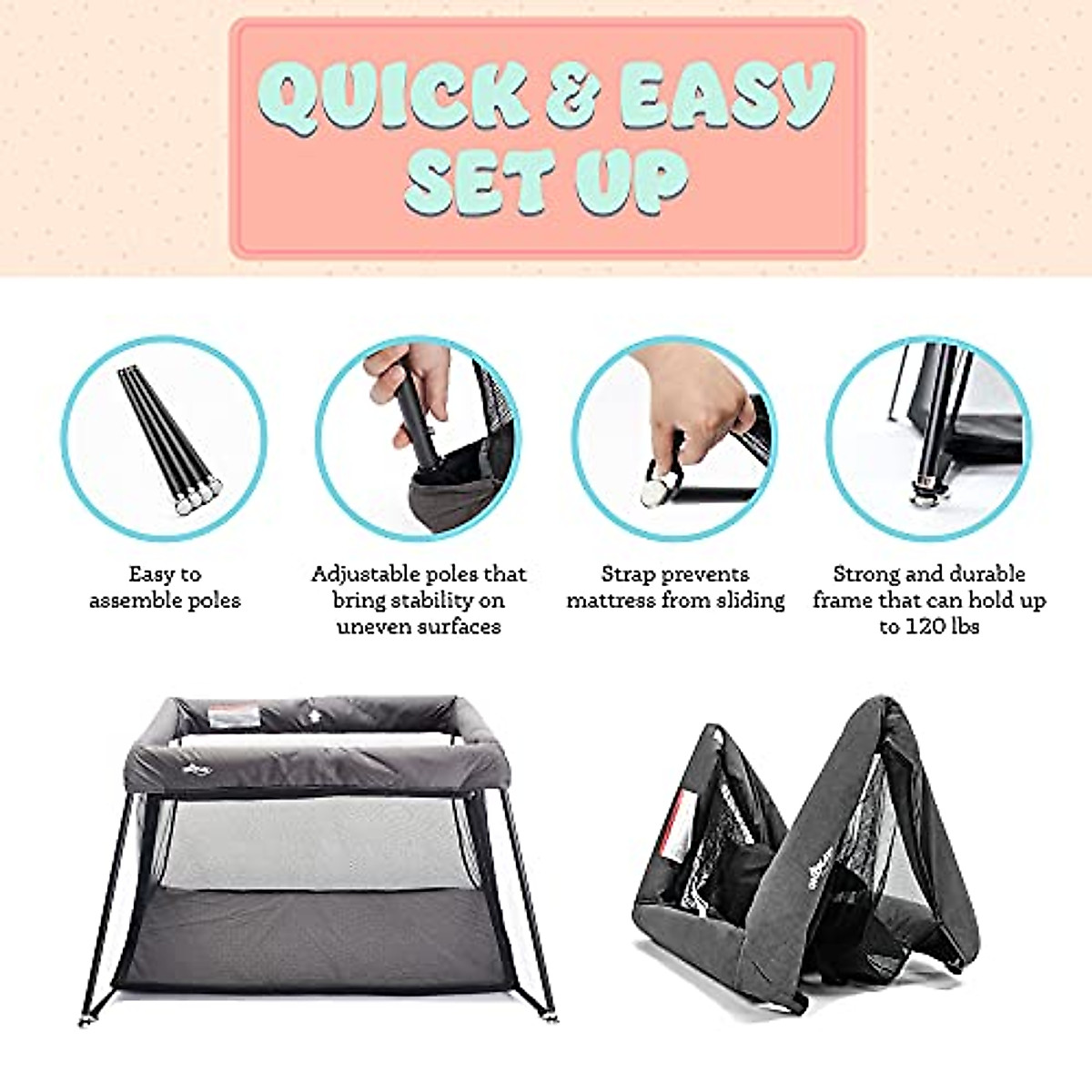 UNiPLAY Foldable Travel Crib, Lightweight Portable Playpen, Easy to Pack Playard with Comfortable Mattress and Breathable Mesh Liner for Infants and Toddlers