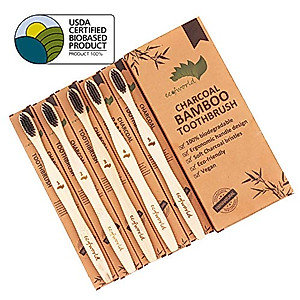 ECOFWORLD Soft Charcoal Bamboo Toothbrush - Natural Wooden Organic | USDA Certified Eco-Friendly | Extra Soft BPA Free Bristles Biodegradable | Individually Packed (Adults - 5 Pack)