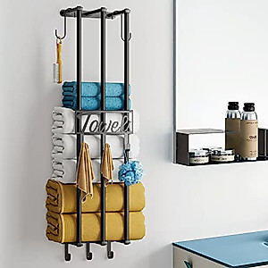 Towel Racks for Bathroom, Boiarc Wall Towel Rack for Rolled Towels, 3 Bar Towel Holder with 6 Towel Hooks for Small Bathroom, Black Towel Rack for Folded Large Towel Washcloths
