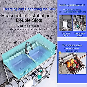 Outdoor Sink Station,Stainless Steel Utility Kitchen Sink,Garden Sink,Commercial Restaurant Sink,Farmhouse Sink,Portable Freestanding Double Bowls Sink,for Backyard,Garage,Laundry Room (Color : Hot+C