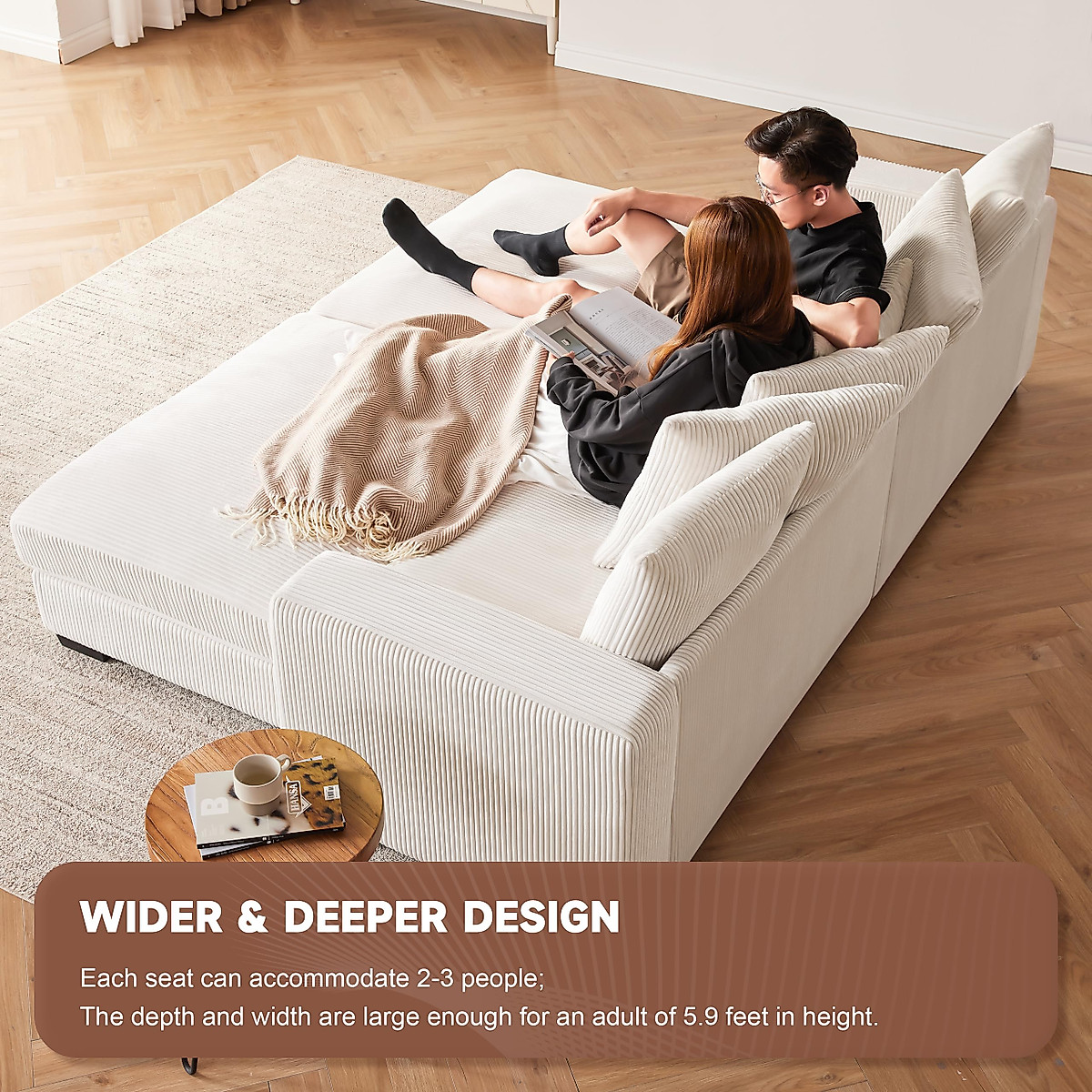 Howjoe 58.3" Comfy Deep Seat Oversized Chaise Lounge Indoor for Living Room, Solid Wood Sleeper Reclining Chair with Thickened Cushions Widened Armrests for Bedroom, Lounge Chair with Ottoman, Beige