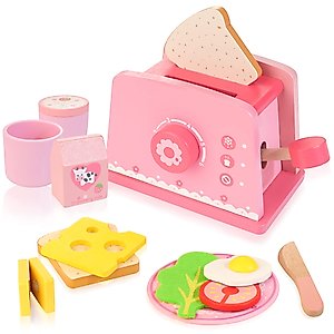 Wooden Pop-Up Toaster Playset, 14pcs Kitchen Toys with Bread Butter Knife Cheese Vegetable Tomato Milk Yogurt Fried Egg, Play Kitchen Accessories for Boys Girls Age 3-6