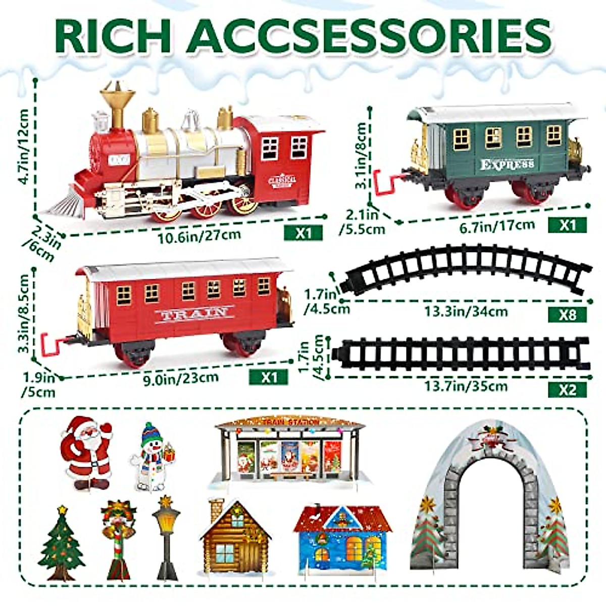 deAO Train Set for Christmas Tree,Classical Christmas Train Sets with Headlight, Smoke, Realistic Sounds, 3 Car Carriage and 11 Feet Track – Great Accessory for Kids and Christmas Decoration
