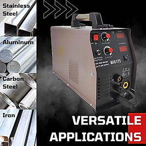 LOTOS MIG175 175A MIG Welder with Aluminum Spool Gun - Advanced Auto MIG Synergistic Setting, Voltage Fine Tuning, Gas MIG Welding & Gasless Flux Core MIG Welding - Brown, 240V
