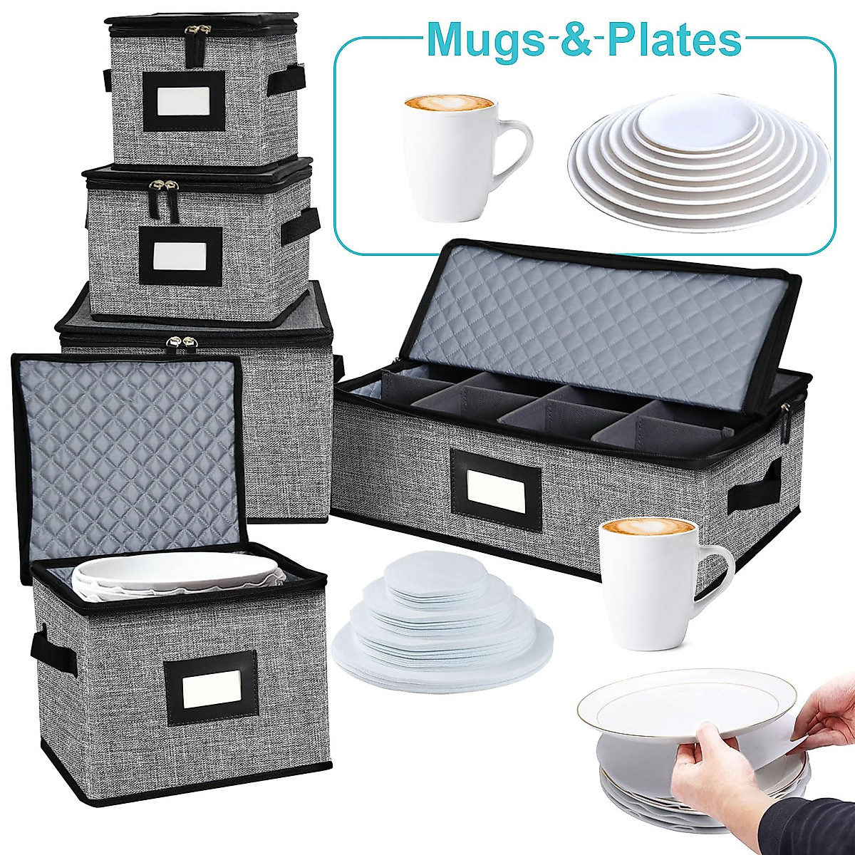 ouruer 5 PACK China Storage Containers-Quilted Mug Storage and Moving Boxes for Dishes,Dish Packing Supplies for Moving,Dinnerware &Accessories,Holds a total of 48 plates (4 sizes) and 12 cups(Grey)