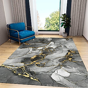 Modern Abstract Golden Gray Marble with Cracks Area Rug, Nordic Minimalist Texture Decorative Rug, Non-Slip Foldable Suitable for Living Room Bedroom Dining Room Office 3ftx4ft