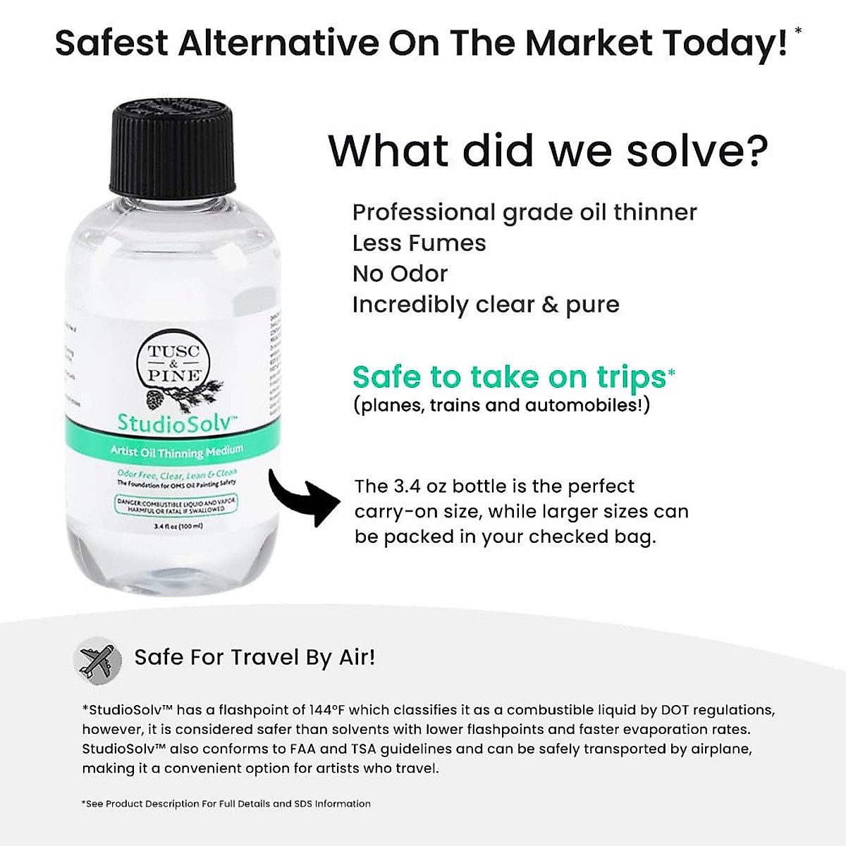 Tusc & Pine StudioSolv™ Odorless Mineral Spirits 3.4oz (100ml) - Purified Odor-Free Spirit Solvent for Thinning Oils, Artists, Painting Thinner, Professionals, & More!