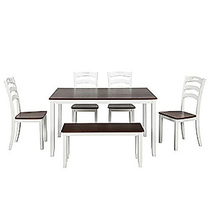 Harper & Bright Designs 6 Piece Dining Table Set with Bench, Wood Kitchen Table Set with Table and 4 Chairs, Ivory White and Cherry