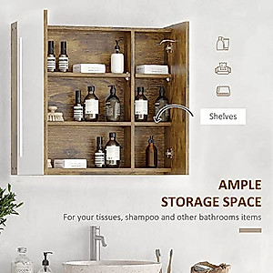 kleankin 27.5 Inch x 25.5 Inch LED Lighted Medicine Cabinet with Mirror, Wall Mounted Dimmable Bathroom Cabinet with 3-Tier Storage Shelves, Smart Touch, and USB Charge, Dark Wood Grain