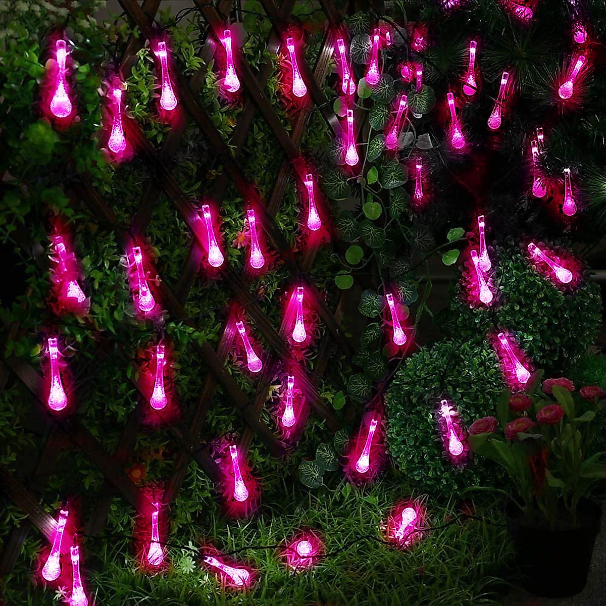 WONFAST Solar Outdoor String Lights,WONFASTWaterproof 20ft 30LED Crystal Water Drop Solar Powered Christmas Fairy String Lights for Outdoor Gardens Patio Homes Wedding Christmas Party (Pink)