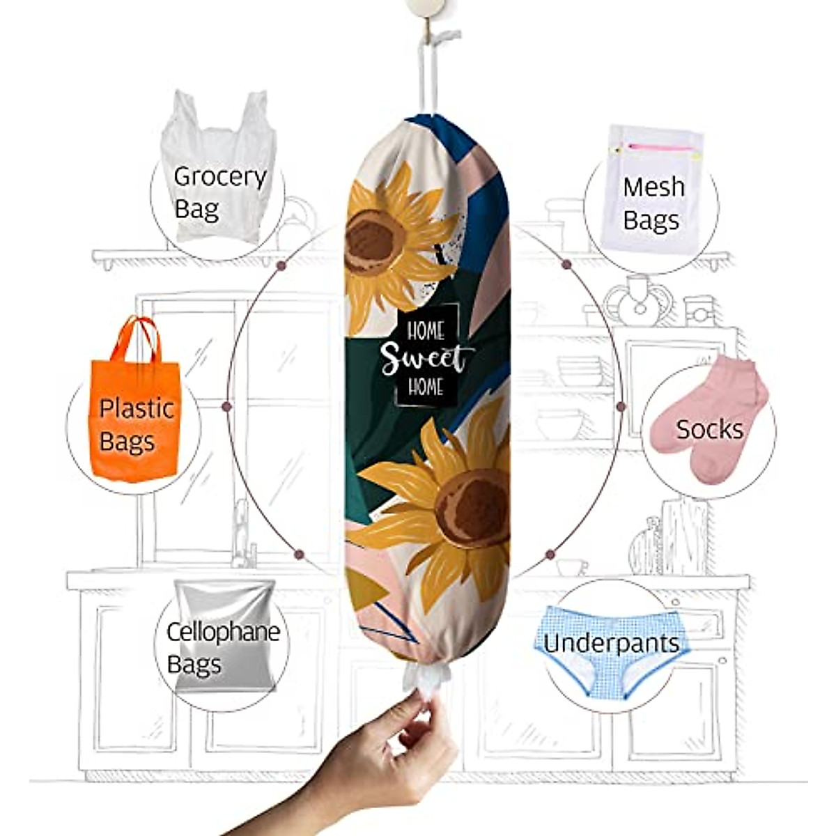 Sunflower Plastic Bag Holder and Dispenser, Sweet Home Grocery Bags Organizer,Garbage Trash Shopping Bag Storage Carrier,Sunflower Kitchen Décor,Gifts for Women Friends yellow 23"x9"