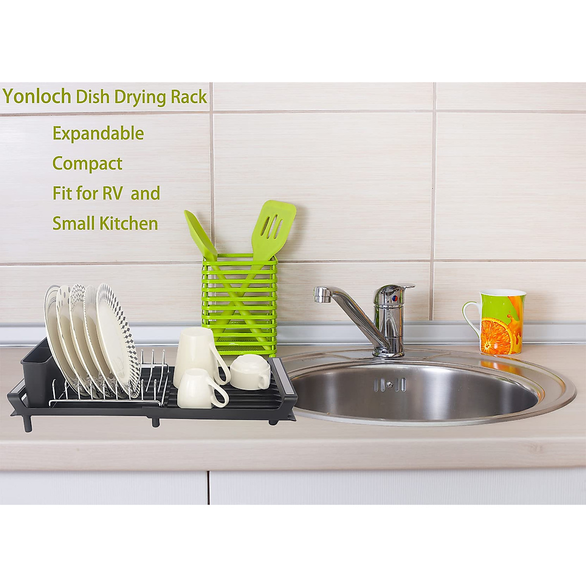 Yonloch Expandable Dish Drying Rack, Small Compact Dish Rack, Stainless Steel Dish Drainer, Small Sink Drainer with Removable Cutlery Holder for Sink or Kitchen Counter