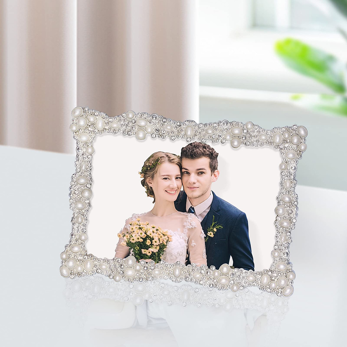 4x6 Pearl Picture Frame with Crystal for Wedding, Silver Plated with High Definition Glass Photo Frames with Rhinestones Horizontal and Vertical Decor Tabletop Display (Real Glass)