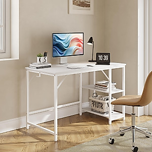 JOISCOPE Home Office Computer Desk with Wooden Storage Shelf,Office White Desk and Gaming Table with Splice Board,2-Tier Industrial Morden Laptop Study Writing Desk,48 x 24 inches(White Finish)