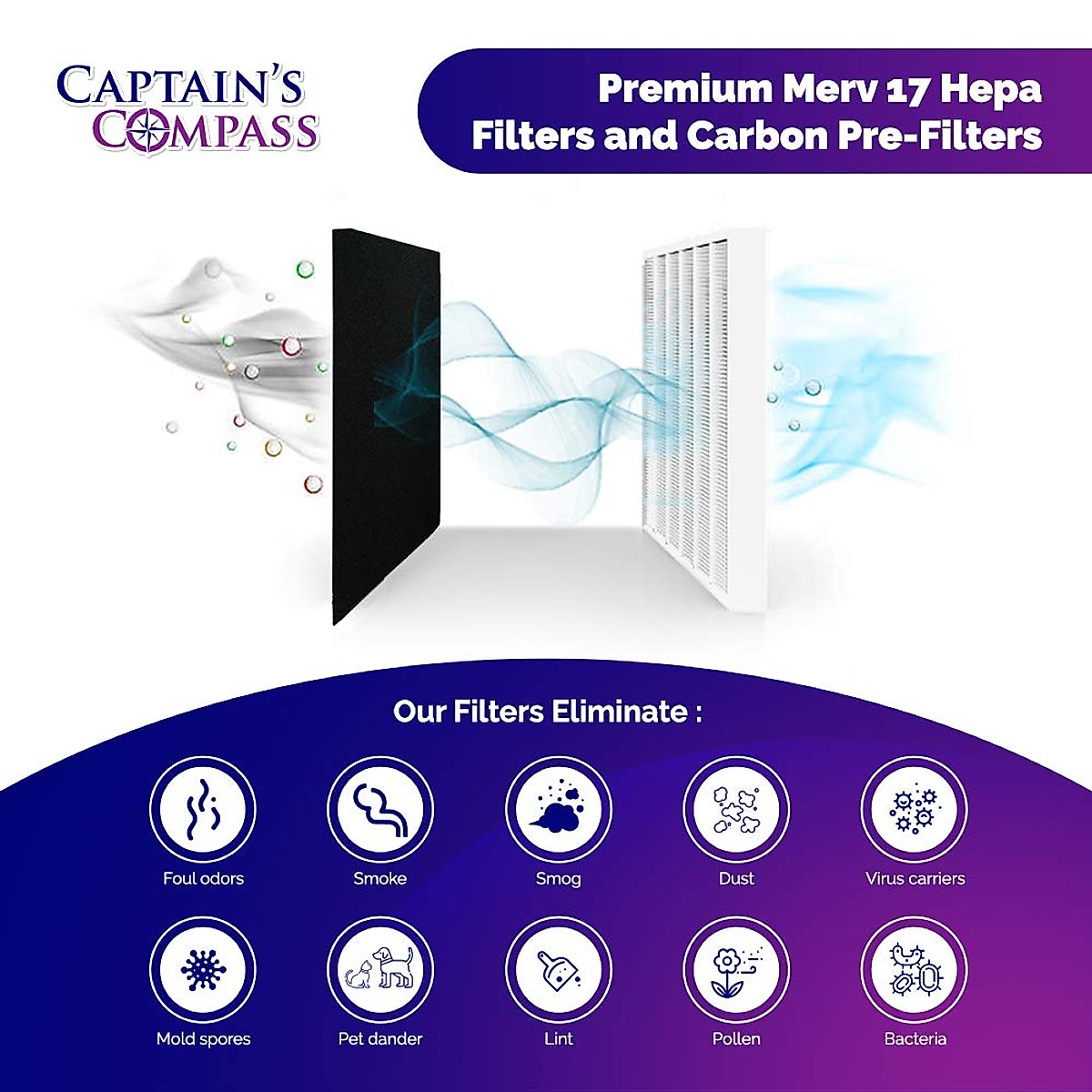 Captain's Compass Carbon Activated Pre-Filter 4-pack for use with the GermGuardian FLT5250PT True Hepa Filter with Pet Pure Treatment Filter C Pet