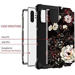 LONTECT for Galaxy Note 10 Plus 5G Case 3 in 1 Heavy Duty Hybrid Sturdy High Impact Shockproof Protective Cover Case for Samsung Galaxy Note 10+ Plus/Note 10 Plus 5G, Black/White Flower