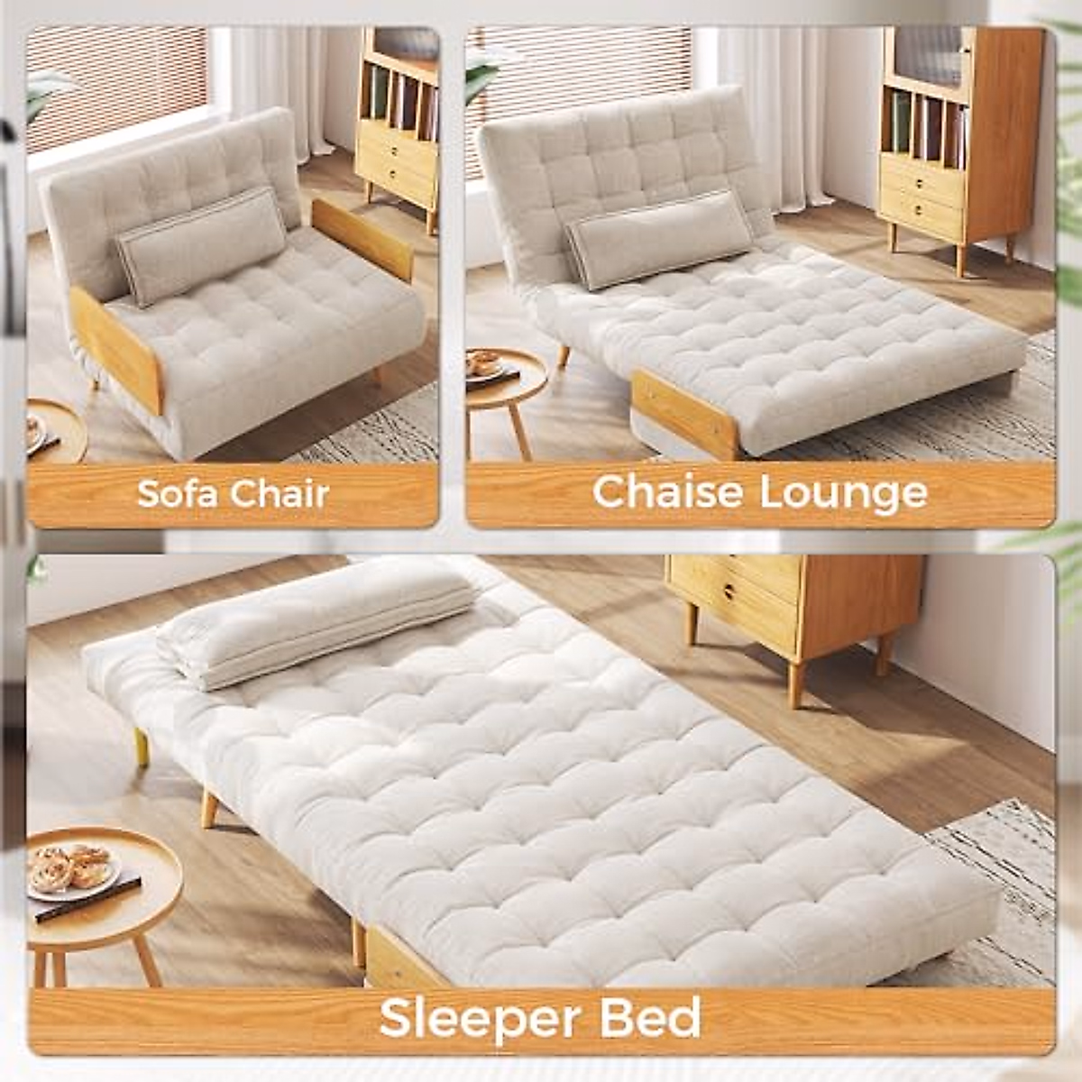 JASIWAY 3-in-1 Convertible Chair Bed Sleeper for Adults, Linen Convertable Sleeper Chair with Wooden Arms & Pillows, Foldable Single Futon Sofa Bed for Small Spaces, Mid Century, 76.6" D x 36.6" W