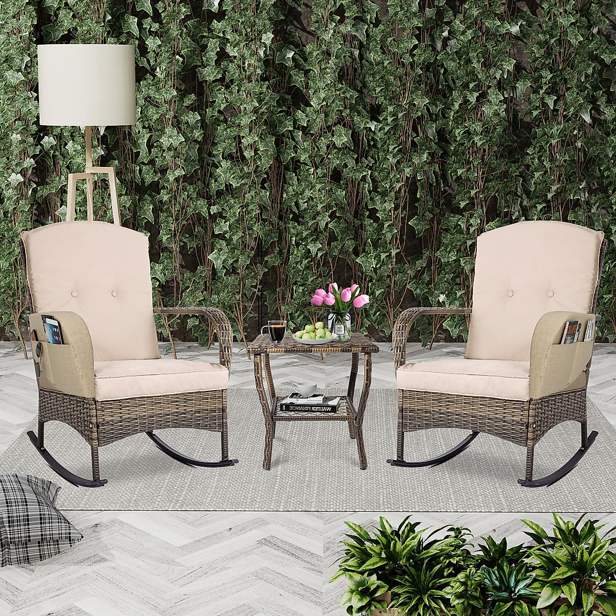 CIRMUBUY 3-Piece Outdoor Furniture Set, Patio Conversation Chair, Wicker Cushioned Patio Rocker with Side Table for Porch, Garden, Poolside & Deck, Beige