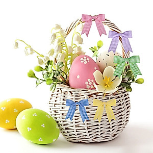 Meseey 50 Pcs 3 Inches Gingham Ribbon Twist Tie Bows Pink/Purple/Blue/Yellow/Green Buffalo Check Ribbon Pretied Bows Premade Craft Bows for Gift Wrapping Basket Wedding Baby Shower Brithday Party