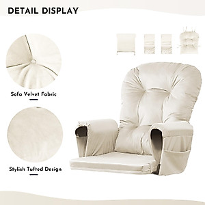 Lucky Monet 5Pcs Glider Rocker Replacement Cushions - Velvet Glider Cushions Replacement Set with Side Storage Pockets, Thick Glider Chair Cushions Washable & Non Slip, Cushion ONLY - Beige